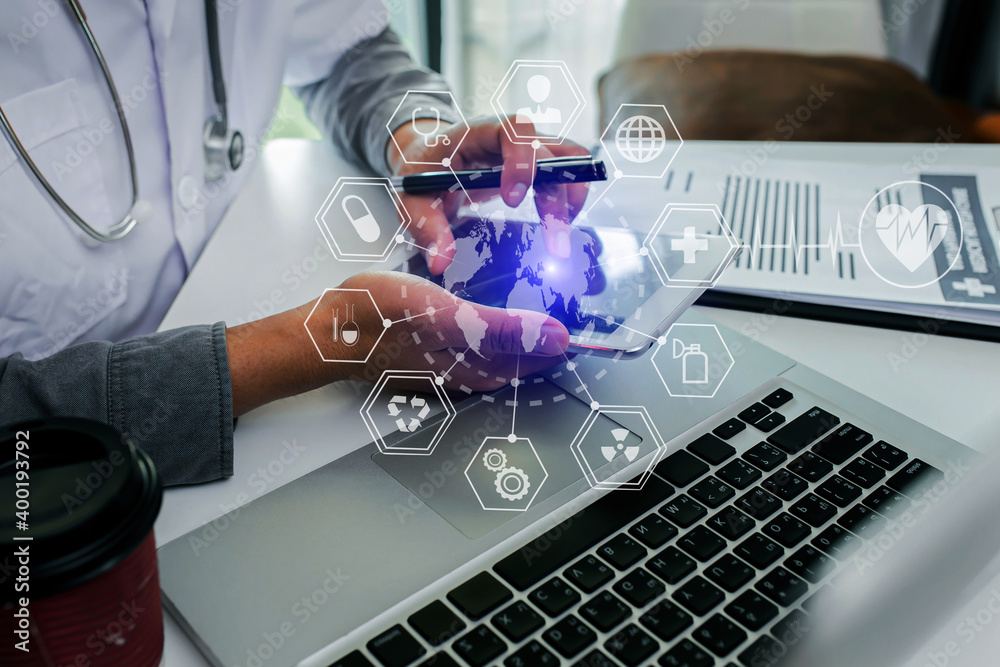 Medicine doctor with digital tablet and computer and touching medical ...