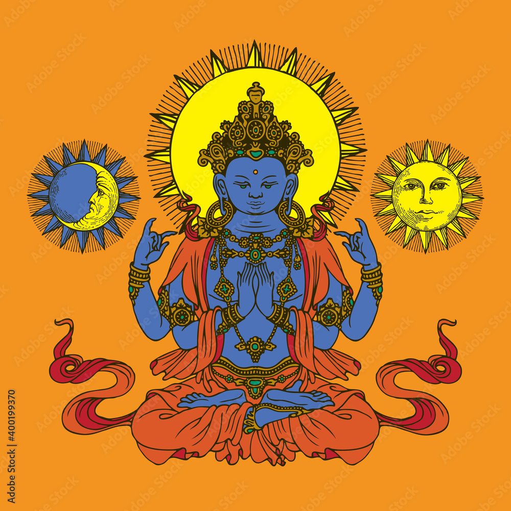 Banner with hand-drawn Krishna, Sun and Moon on an orange background ...