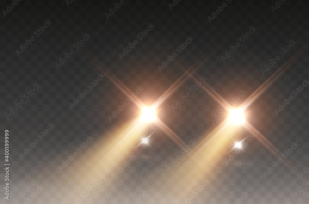 Cars flares light effect. Realistic yellow glow round car headlight ...