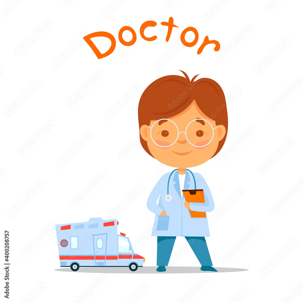 Cute kids playing doctor. Ambulance car and child doctor. Cartoon ...