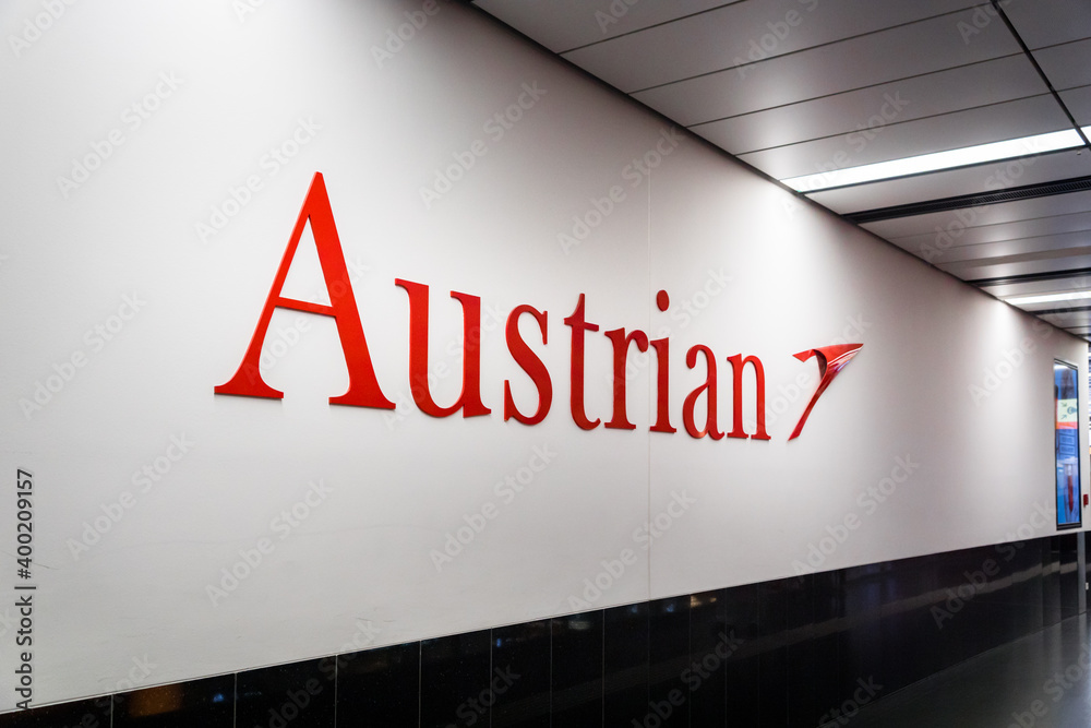 Vienna, Austria - December 2017: Austrian airlines logo at Vienna ...