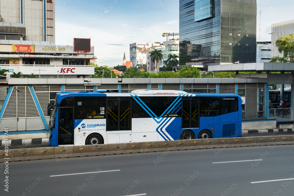 Jakarta, Indonesia - November 2017: Transjakarta bus in downtown ...