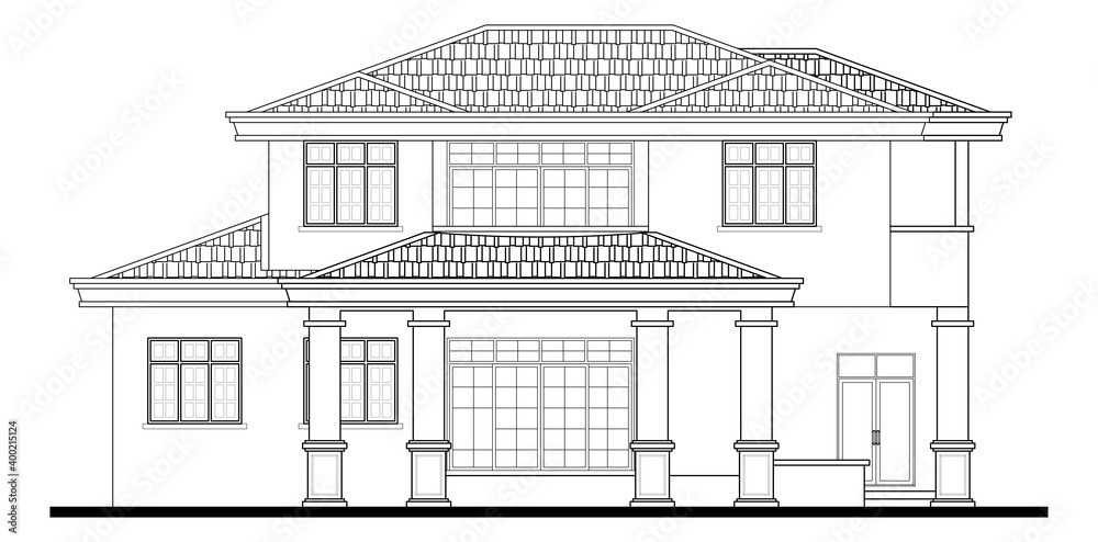 Two-storey terraced house in 2D black and white CAD drawing. Tropical ...