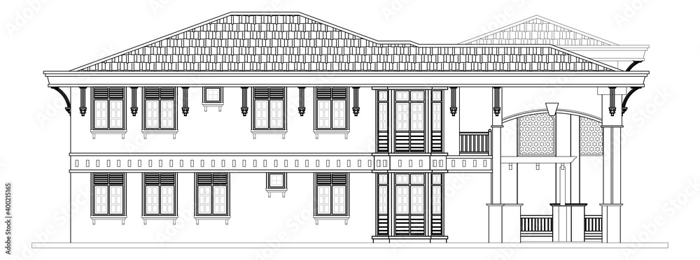 Two-storey terraced house in 2D black and white CAD drawing. Tropical ...