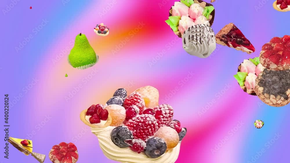 Flying many colorful cakes, on an abstract background. Donut cake ...