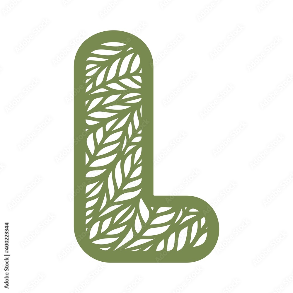 Letter L with a pattern of leaves. Green object on a white background ...