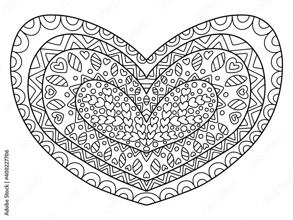 Ornamental detailed heart shape coloring page for kids and adults stock ...