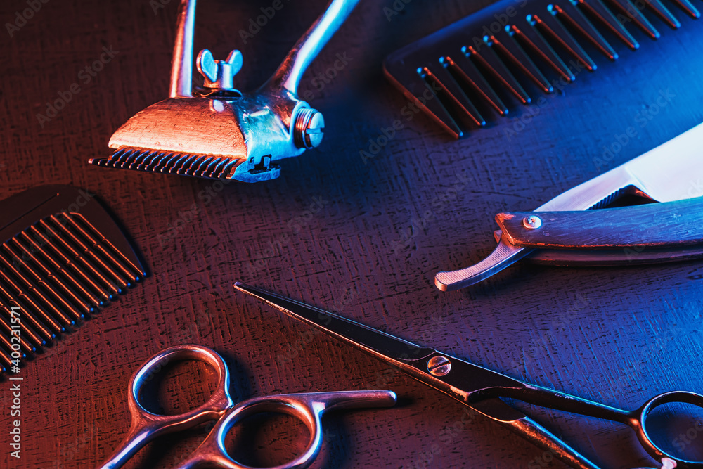 vintage barber tools. dangerous razor, hairdressing scissors, old ...