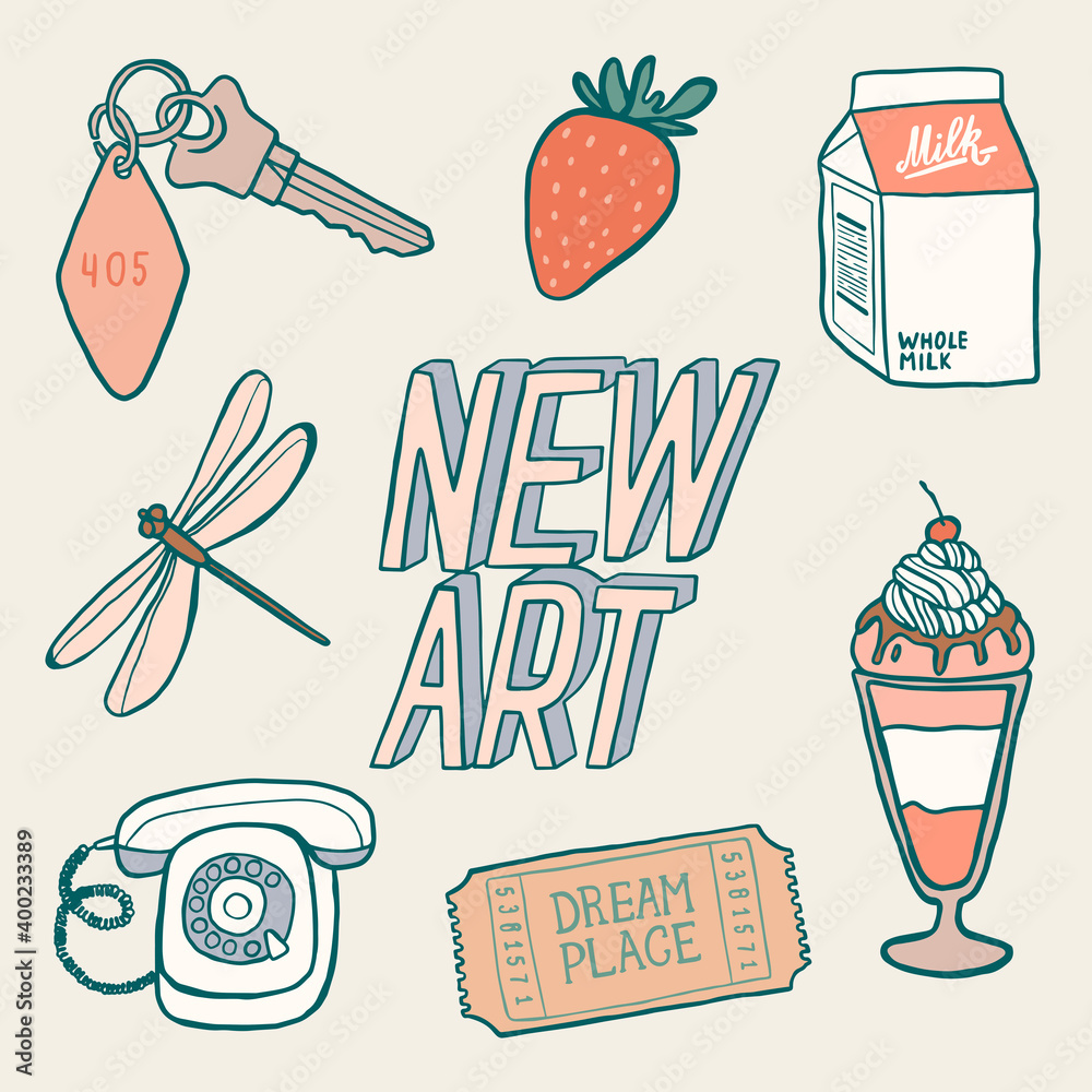 Hand drawn set of random objects. Aesthetic sticker pack. Vector ...
