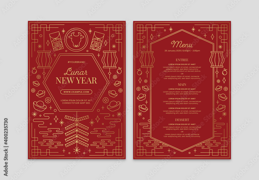 Chinese Lunar New Year Menu with Firecracker Lantern and Fan Stock ...