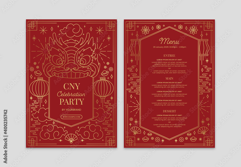 Chinese Lunar New Year Menu with Lion Dance Lantern and Cloud Stock ...