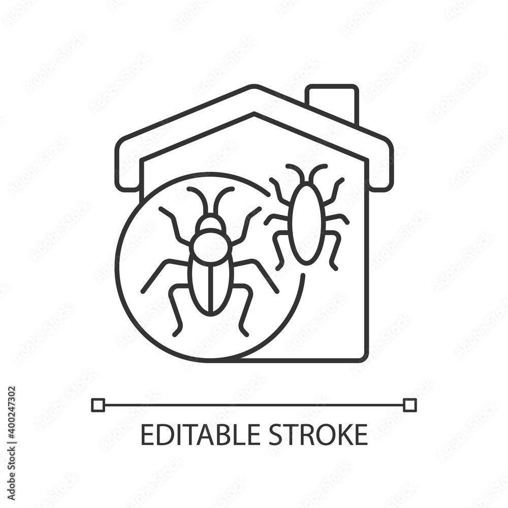 Insect invasion linear icon. Bugs indoors. Cockroaches, beetles ...