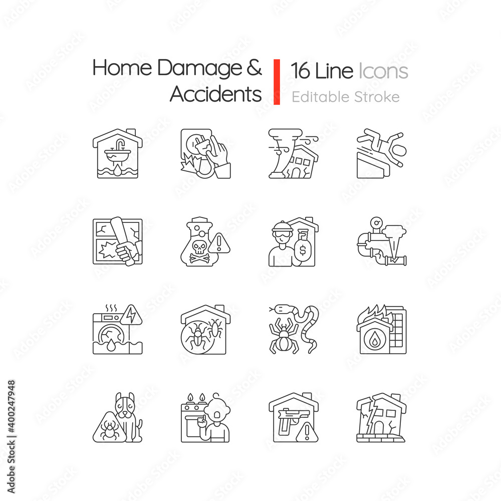 Home damage linear icons set. Preventing house hazards. Flooding, water ...