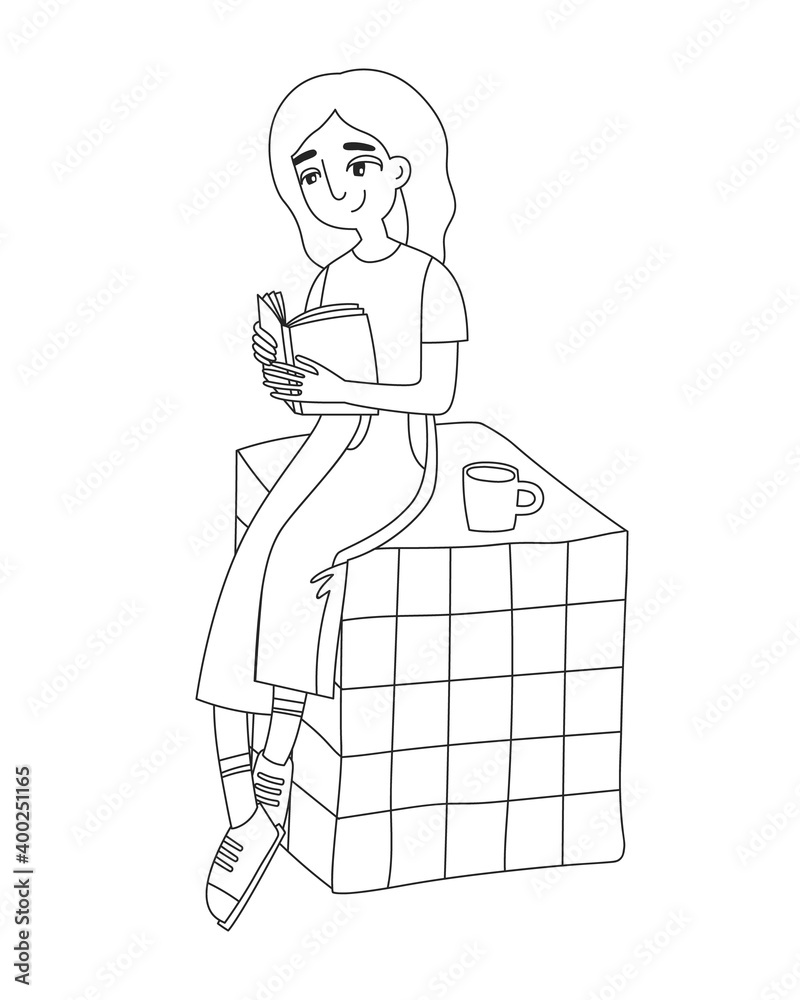 Hand-drawn vector illustration of girl reading a book. Illustration in ...