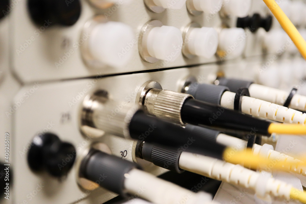 FC fiber cross connect patch panel with fiber optic close up view Stock ...