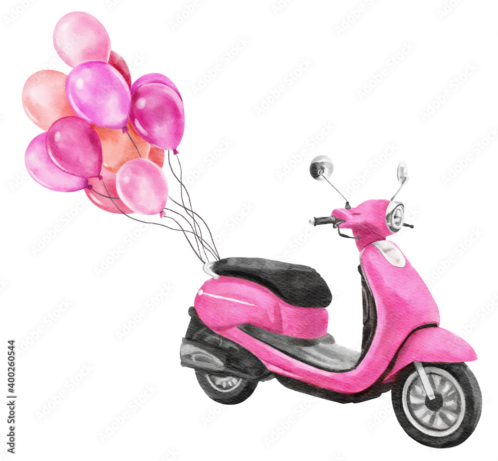 Cartoon moped with rainbow balloons; watercolor hand draw illustration ...