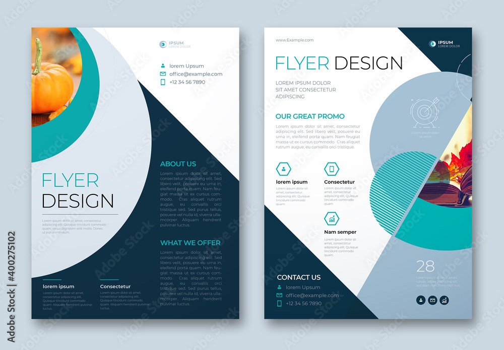 Flyer Layout with Teal Geometric Accents Stock Template | Adobe Stock