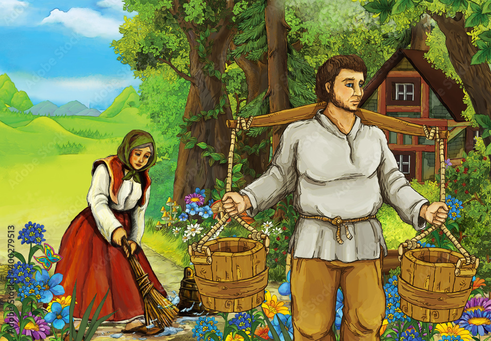 cartoon scene with farm woman and man in the forest village ...