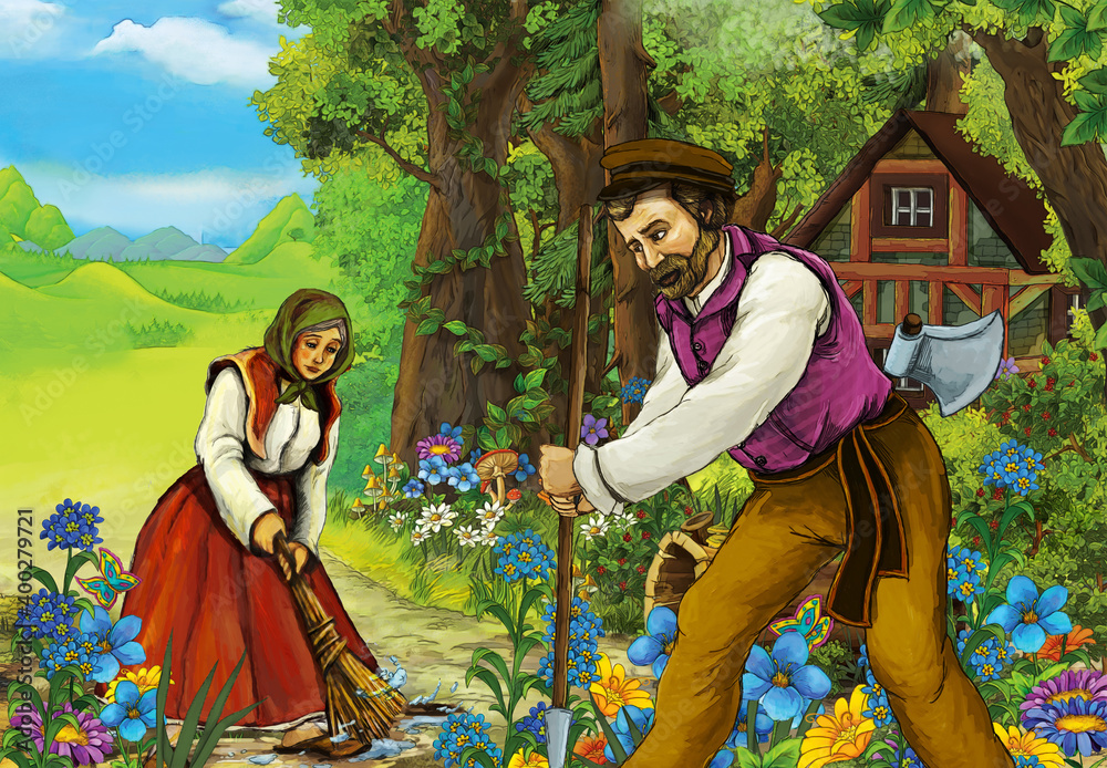 cartoon scene with farm woman and man in the forest village ...