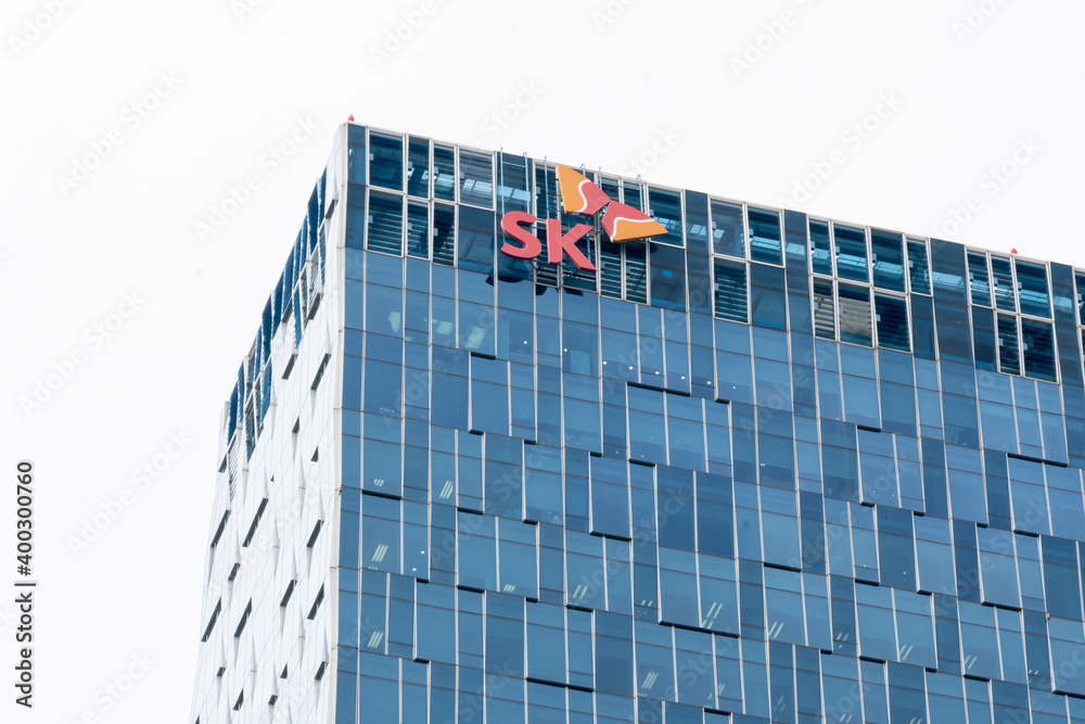 Seoul, South Korea - April 10, 2019: SK sign on the building of SK ...