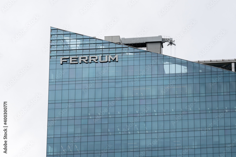 Seoul, South Korea - April 10, 2019: Ferrum sign on the Ferrum Tower in ...