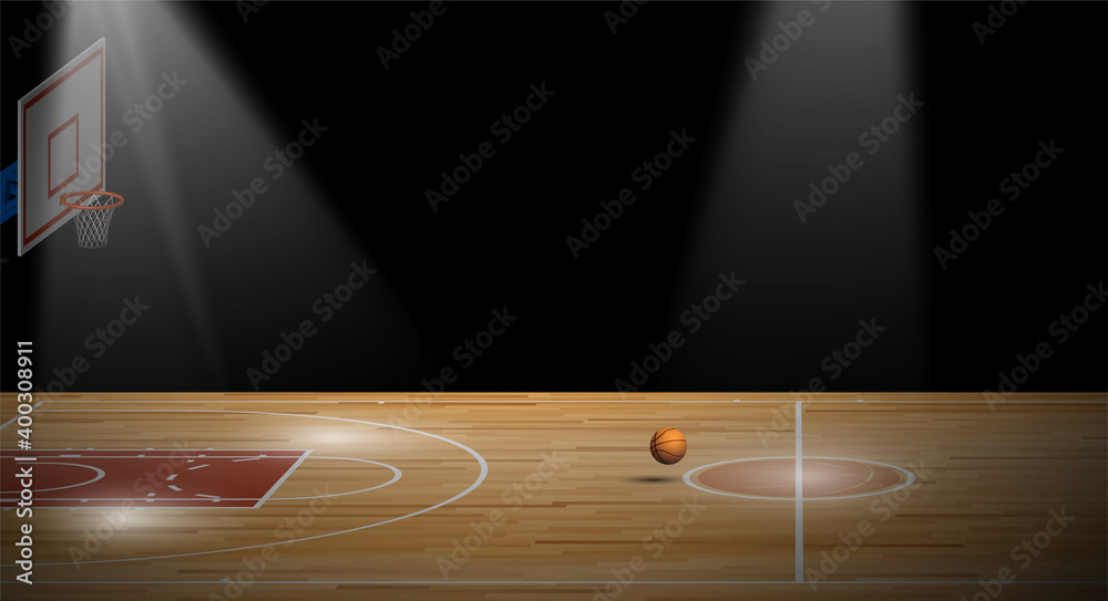 bright beam illuminates sports basketball court with backboard, hoop ...