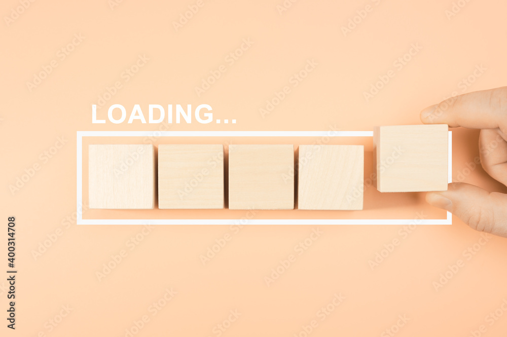 Loading bar with wood cube on pastel background. Wooden blocks with the ...