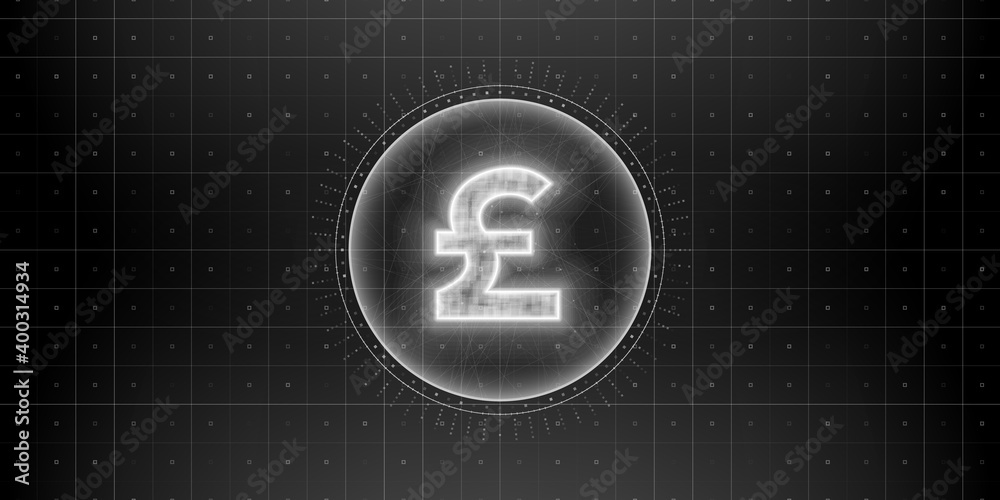 Digital currency pound sterling sign on abstract HUD technology ...