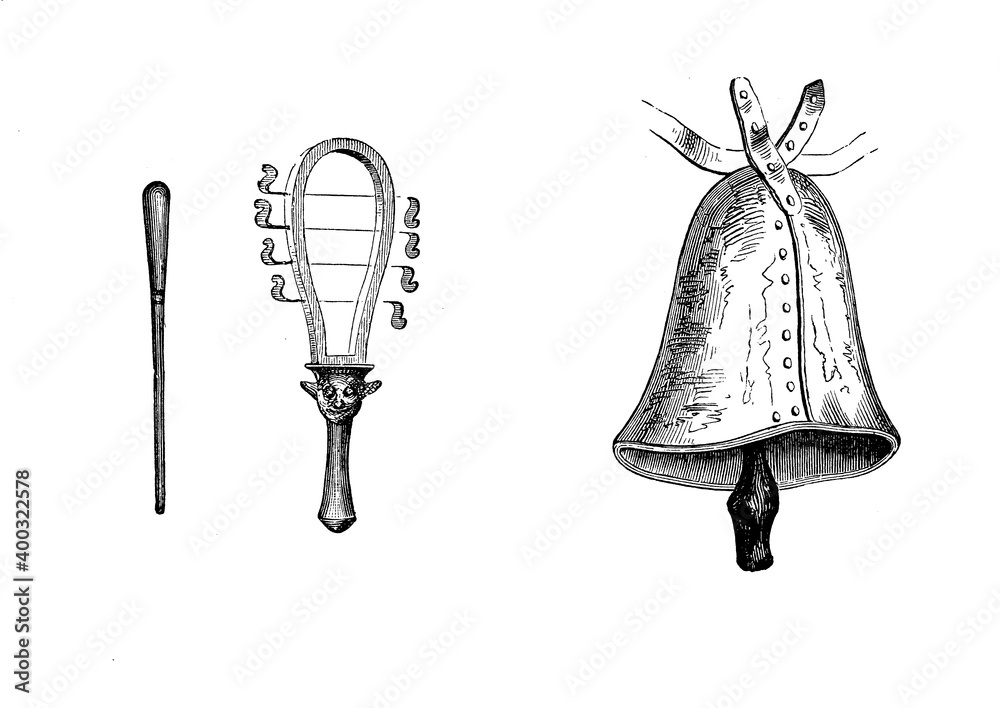 Ancient Egyptian musical instruments : sistrum or kemkem and a bell ...