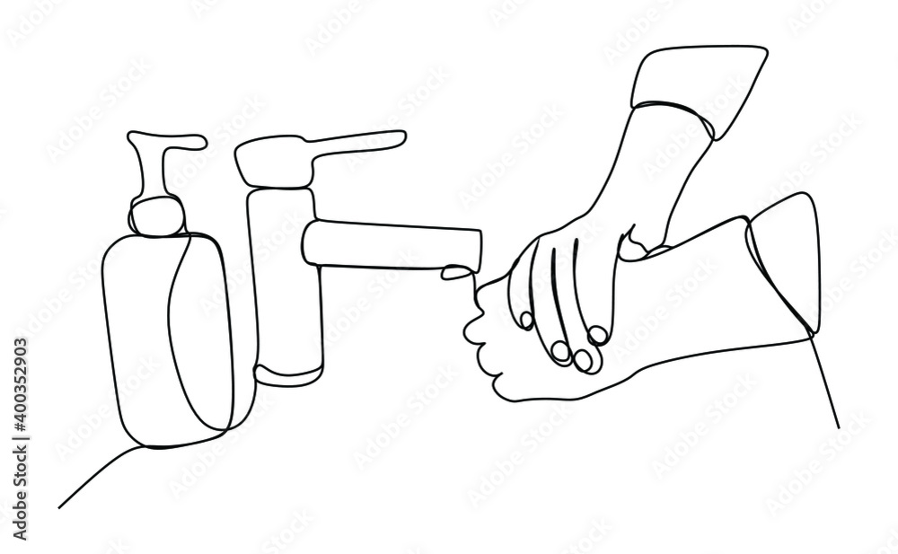 Person use soap and washing hands under the water tap. Continuous one ...