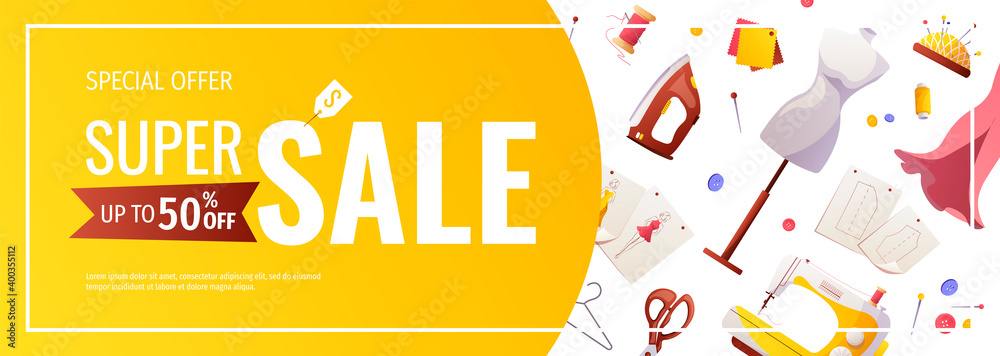 Promo sale flyer design with sewing items. Sewing workshop, fashion ...