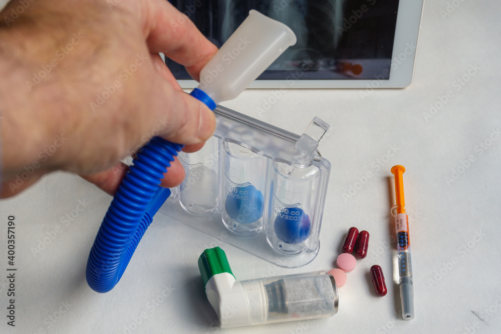 Spirometer, inhaler and medications for respiratory failure, chest x ...