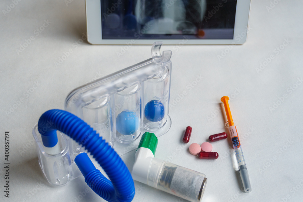 Spirometer, inhaler and medications for respiratory failure, chest x ...