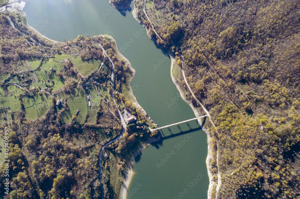 Aerial view of Lake Turano in Rieti, Castel di tora, colle di tora and ...