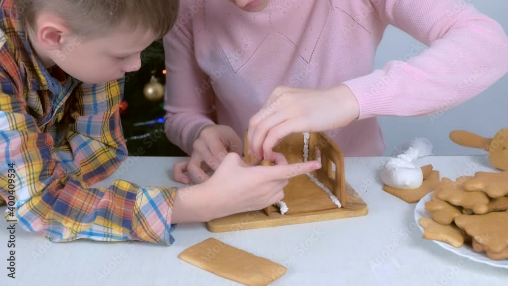 Vidéo Stock Mom and son making gingerbread house connecting details ...
