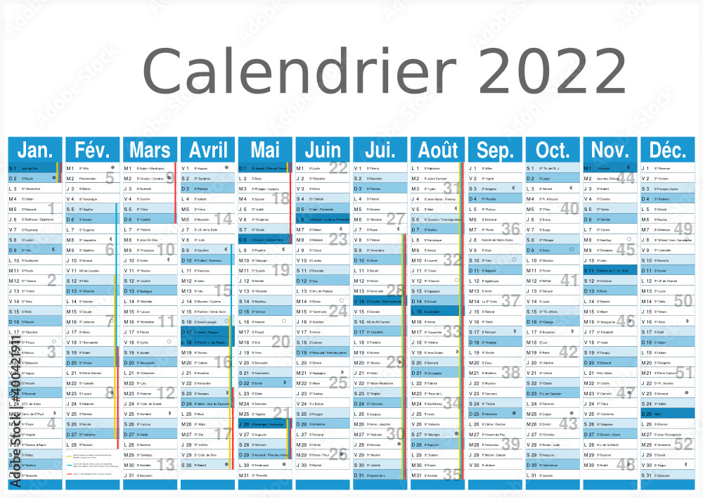 Calendrier 2022 12 mois avec vacances scolaires officielles au format ...