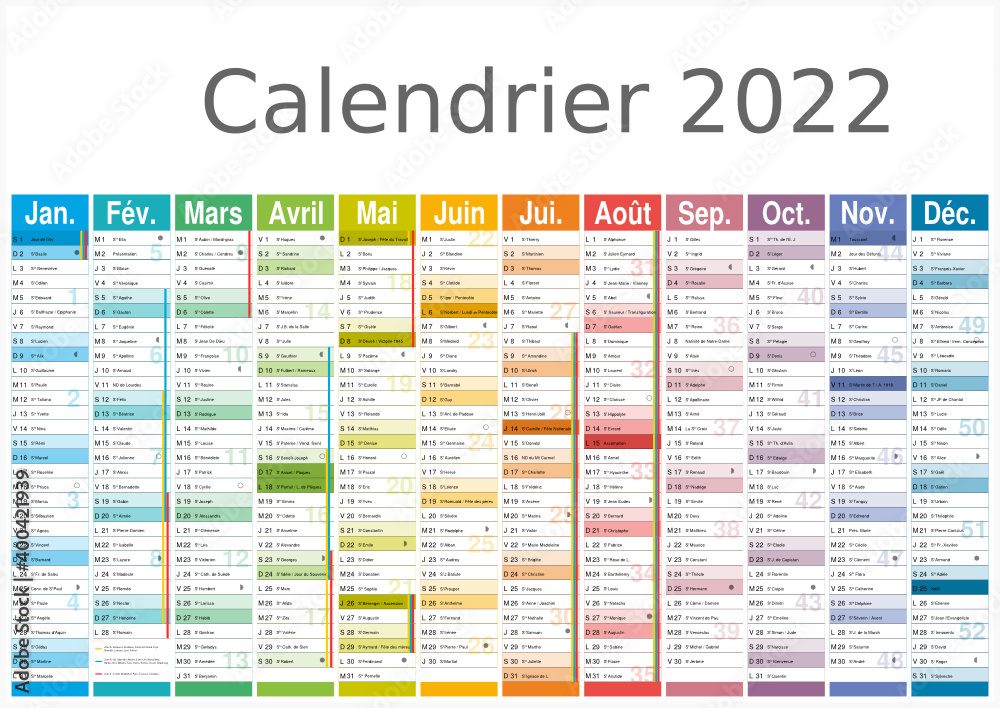 Calendrier 2022 12 mois avec vacances scolaires officielles au format ...