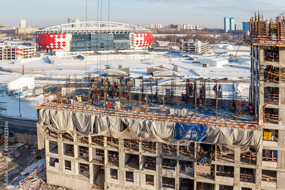 Bar bender fixing steel reinforcement for house concrete floor slab ...