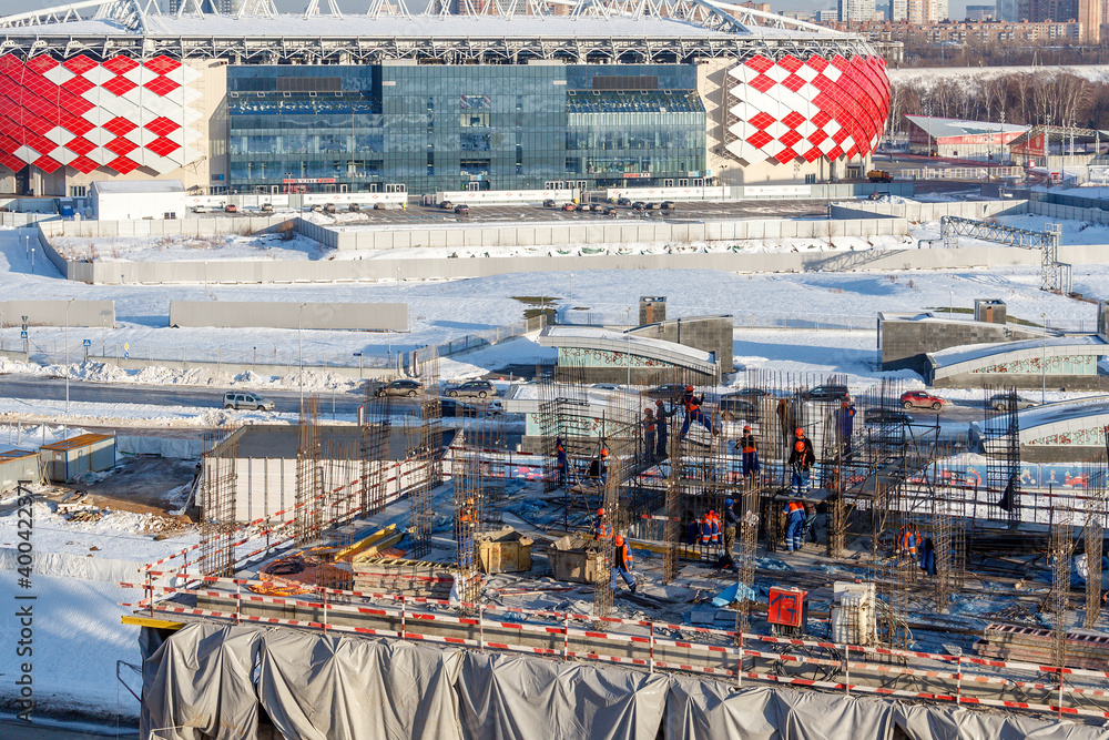 Bar bender fixing steel reinforcement for house concrete floor slab ...
