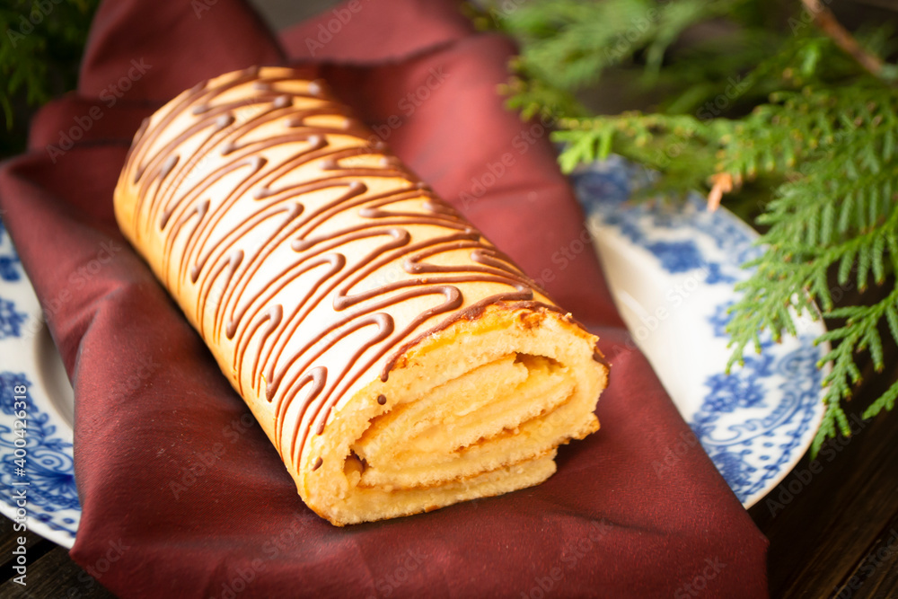 Buche de Noel is traditional French Christmas cake, yule log cake Stock ...