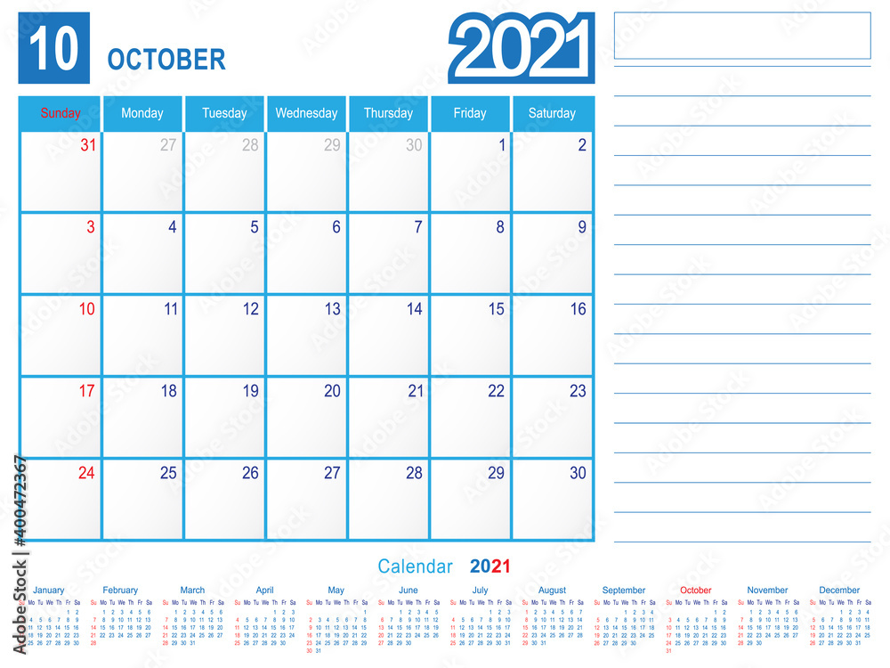 October 2021 Calendar Monthly Planner Design Stock Vector | Adobe Stock