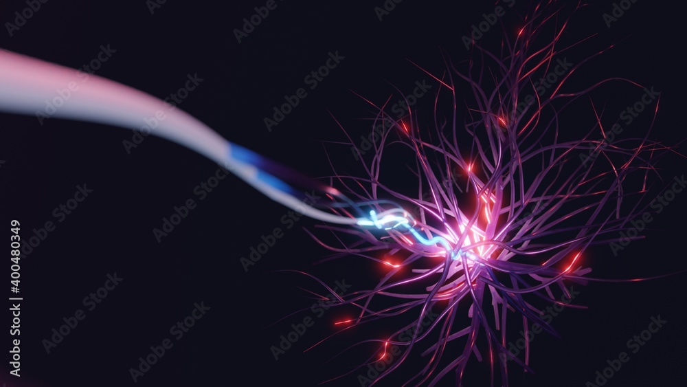 Neuroscience, medical concept digital render. Brain cell sending ...