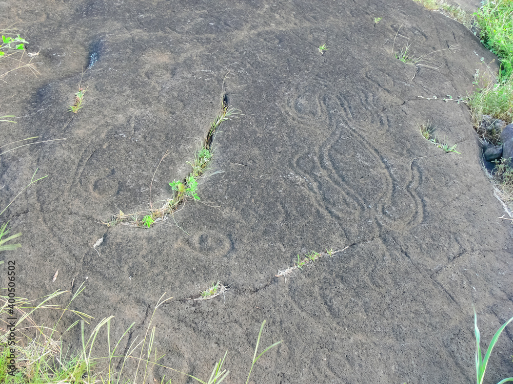 Stone slabs with drawings on Easter Island. Traces stone processing on ...