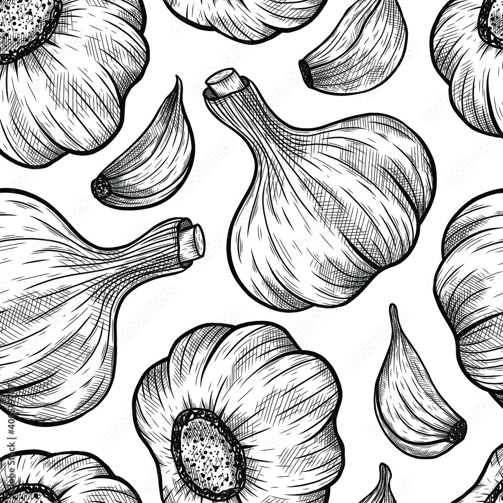 seamless pattern vector sketch illustration of garlic set drawing ...