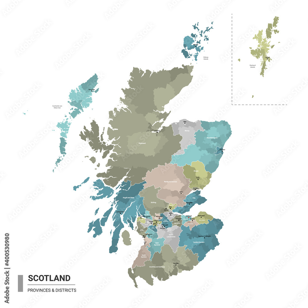 Scotland higt detailed map with subdivisions. Administrative map of ...