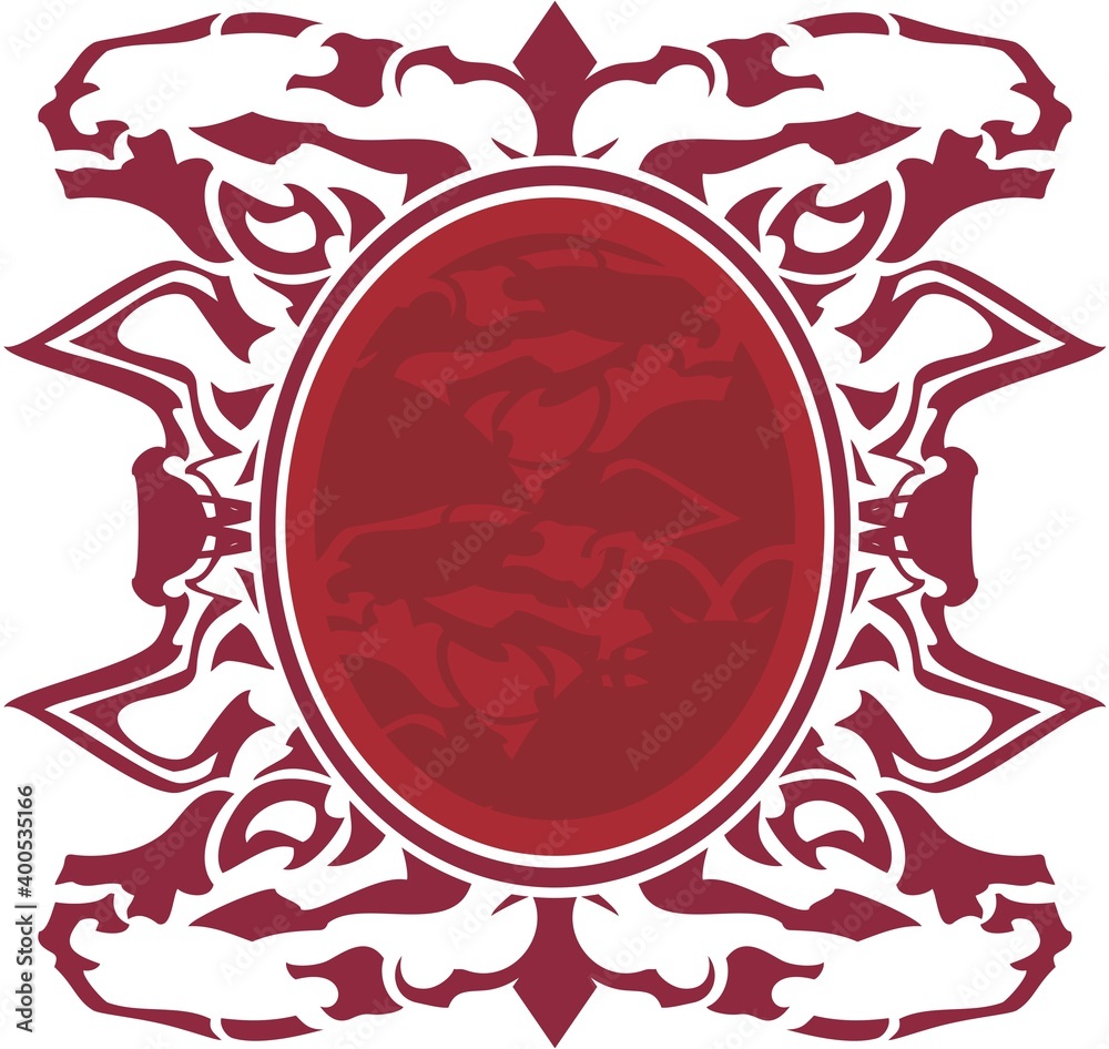 Tribal dark red frame on a white backdrop. Oval frame in vintage style ...
