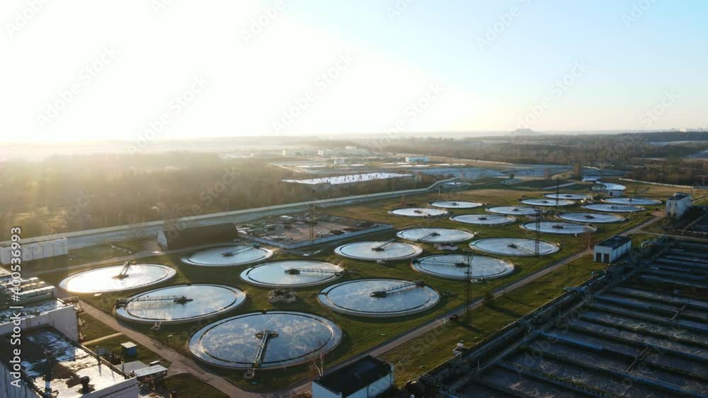 Aerial view Water treatment facilities. Sewage treatment plant. Round ...