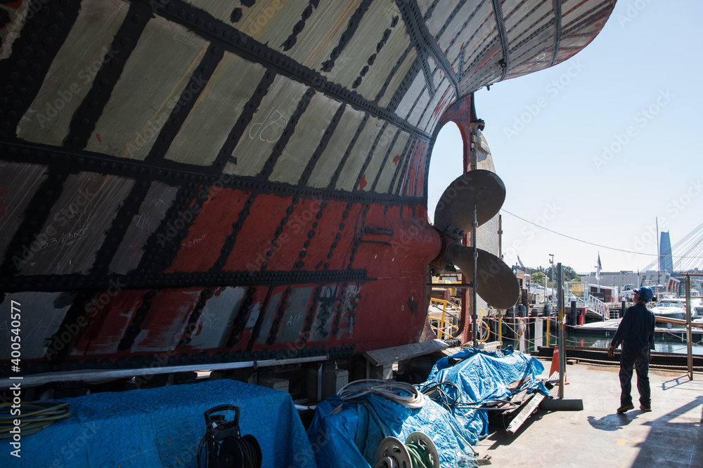Old vintage vessel ship boat being rebuilt and restored to former glory ...