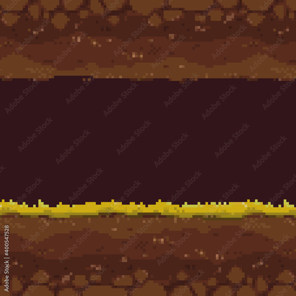 Old style pixel game. Pixel art game background. Ground, grass, sky ...