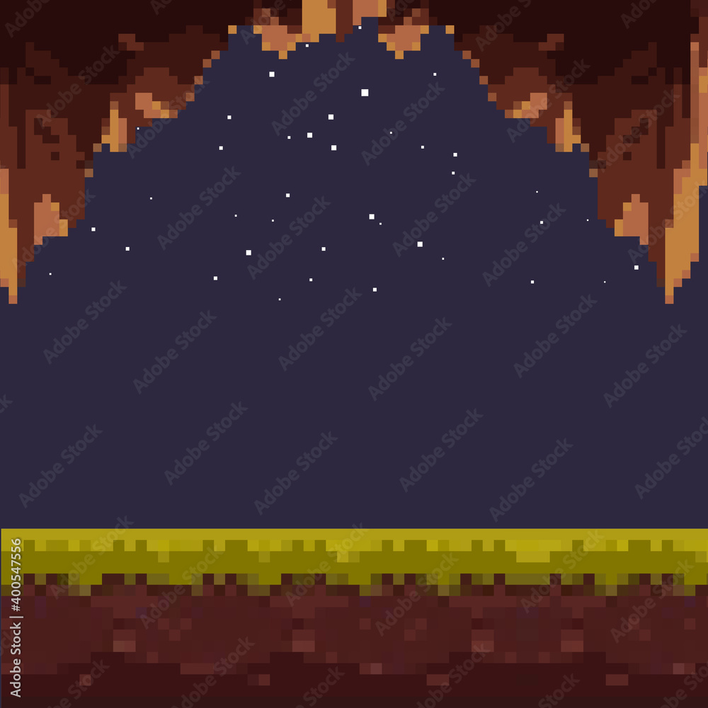 Old style pixel game. Pixel art game background. Ground, grass, sky ...